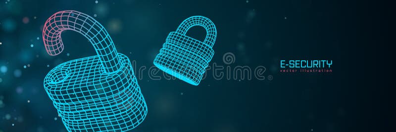 Futuristic Cybersecurity Vector Illustration. Wireframe Locks on Blue ...