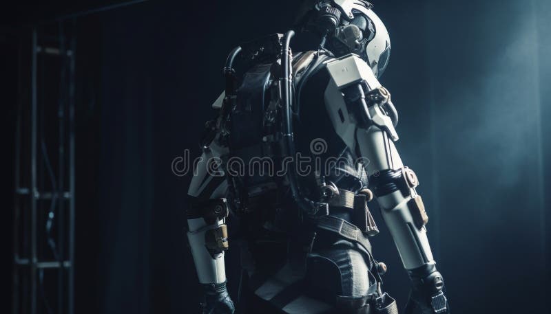 Futuristic Cyborg with Robotic Arm Stands Illuminated at Night ...