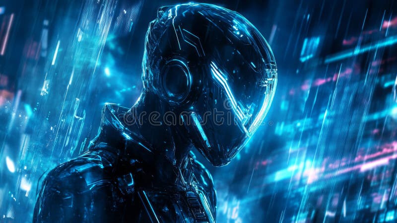 Futuristic Cyborg in Blue Neon Rain Digital Art Stock Illustration ...