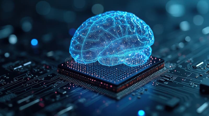 Futuristic Cyborg Brain Displayed on a Computer Chip Stock Illustration ...
