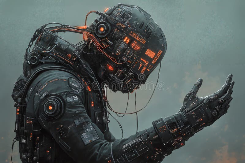 Futuristic Cyborg with Circuitry and Cables in a Digital Environment ...