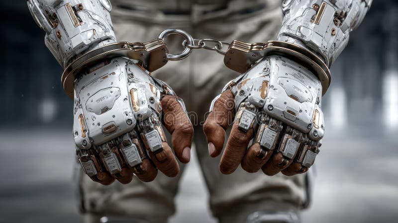 Futuristic Cyborg Criminal in Handcuffs Symbolizing Advanced Technology ...