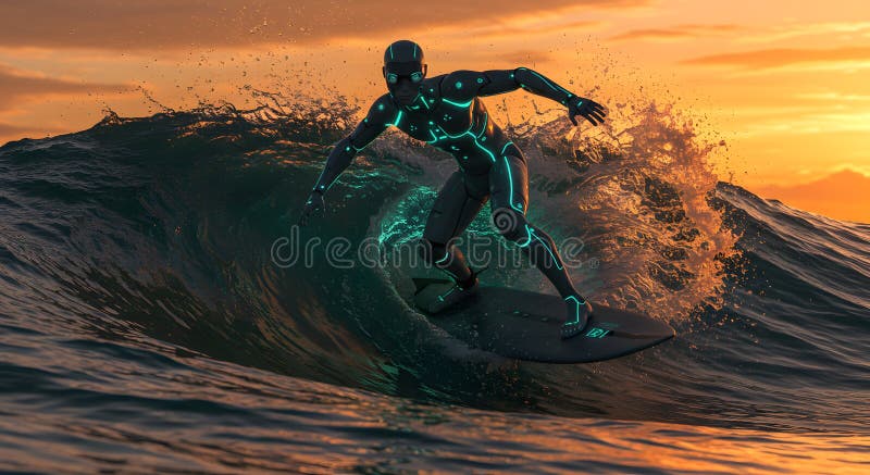 Cyborg Surfer Rides Sunset Wave Stock Illustration - Illustration of ...