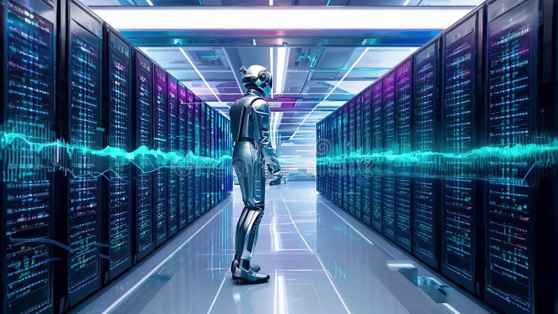 Futuristic Cyborg Exploring Digital Data Center with Vibrant Neon ...