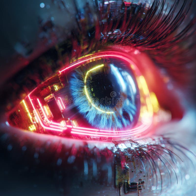 Futuristic Cyborg Eye with Neon Lights Scanning Data Stock Image ...