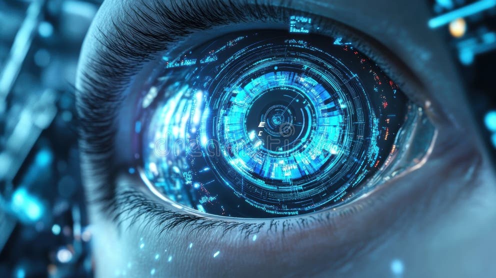 Futuristic Cyborg Eye Scanning Data with Digital Interface Stock Photo ...