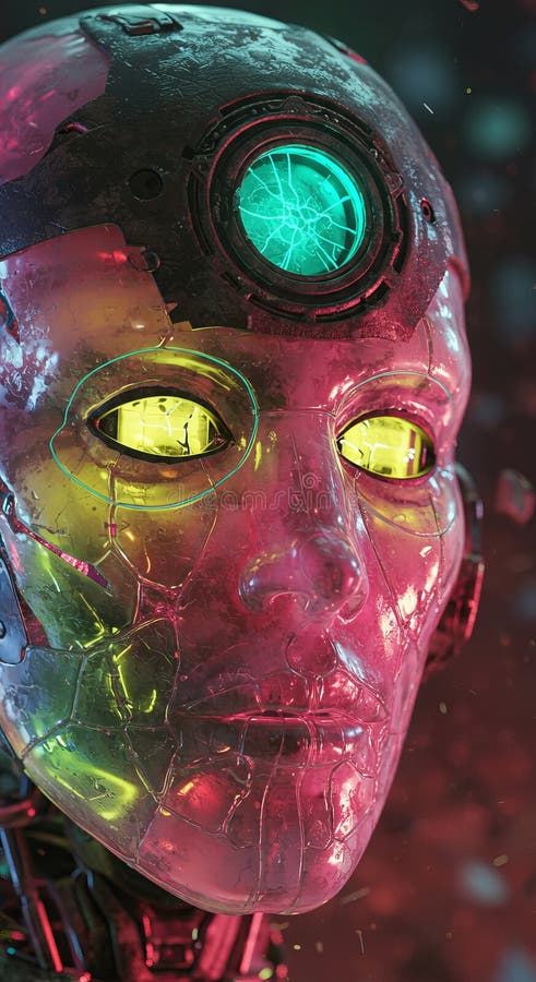 Futuristic Cyborg Face with Neon Lights and Cracked Surface in Vivid ...