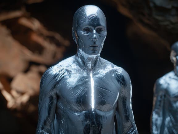 Futuristic Cyborg Figure in Dark Environment Stock Illustration ...