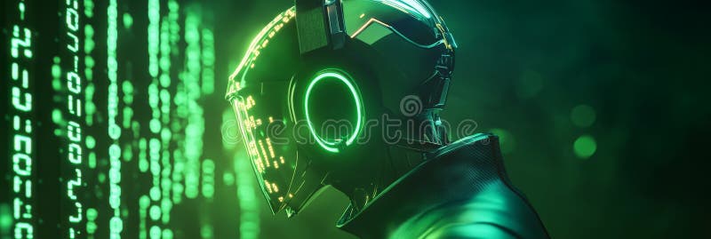 A Futuristic Cyborg with Glowing Green Eyes Stands Against a Backdrop ...