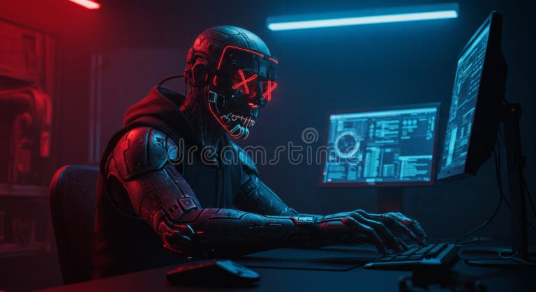 Cyborg Hacker Coding at Computer with Glowing Mask in Dark Room Stock ...