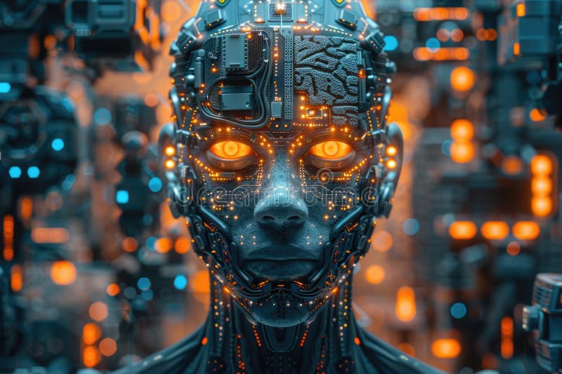 A Futuristic Cyborg Head Featuring Glowing Eyes, Set Against a Backdrop ...