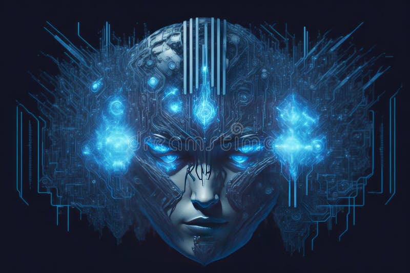 Futuristic Cyborg Head Front View. 3D Rendering Stock Illustration ...