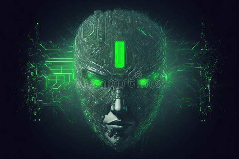 Futuristic Cyborg Head Front View. 3D Rendering Stock Illustration ...