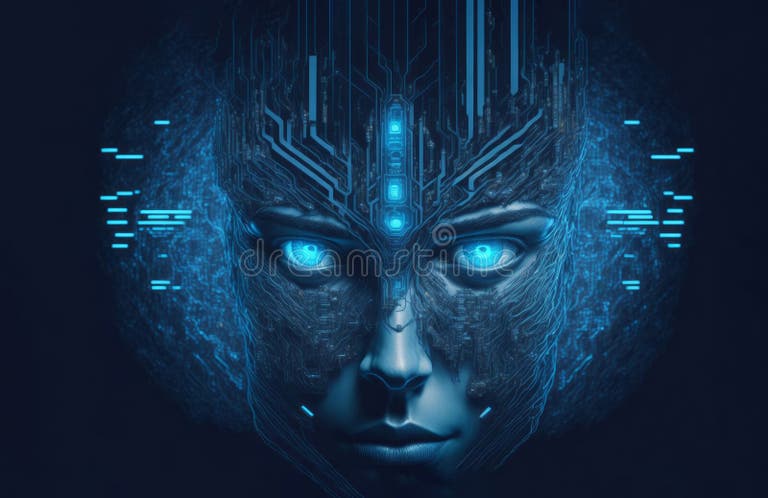 Futuristic Cyborg Head Front View. 3D Rendering Stock Illustration ...