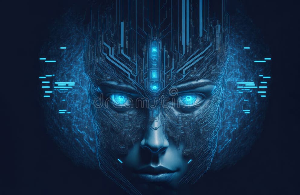 Futuristic Cyborg Head Front View. 3D Rendering Stock Illustration ...