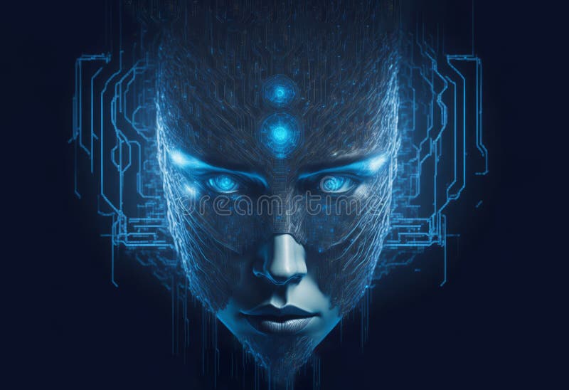 Futuristic Cyborg Head Front View. 3D Rendering Stock Illustration ...