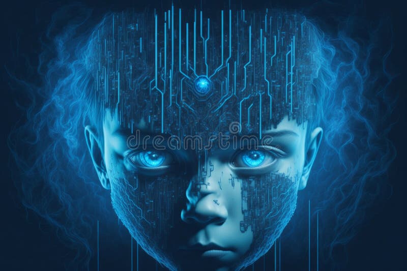 Futuristic Cyborg Head Front View. 3D Rendering Stock Illustration ...