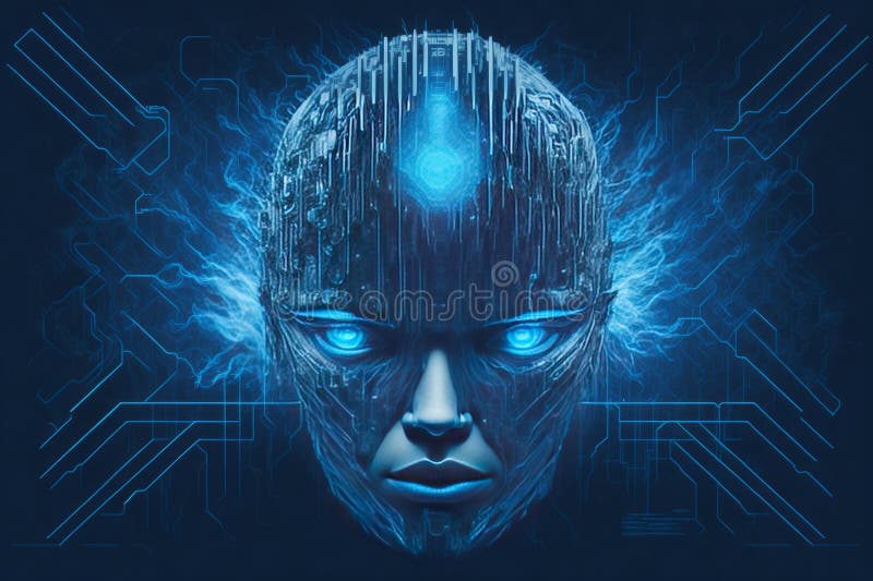 Futuristic Cyborg Head Front View. 3D Rendering Stock Illustration ...