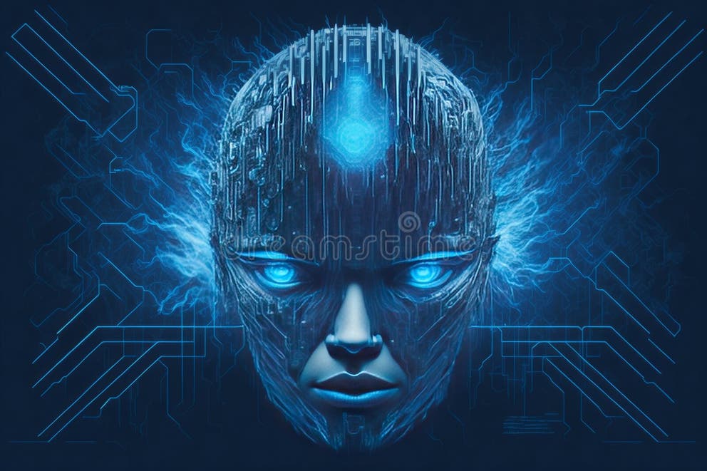 Futuristic Cyborg Head Front View. 3D Rendering Stock Illustration ...