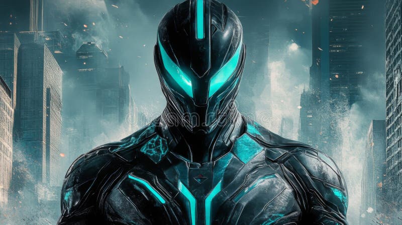 Futuristic Cyborg Hero in Glowing Armor Against Cityscape Stock ...