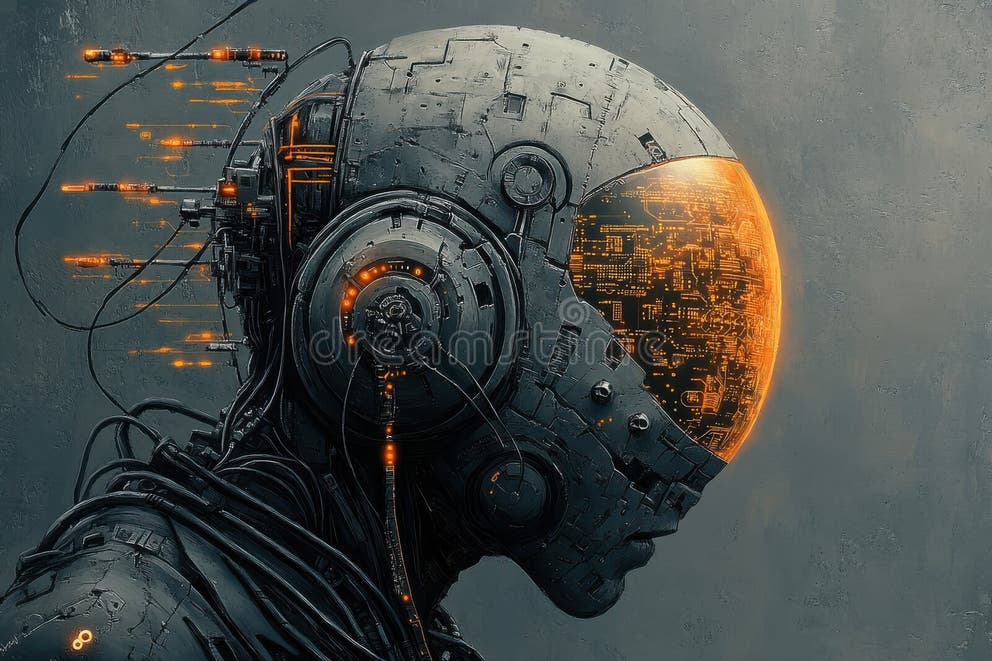 Futuristic Cyborg with High-tech Digital Interface and Orange Circuitry ...