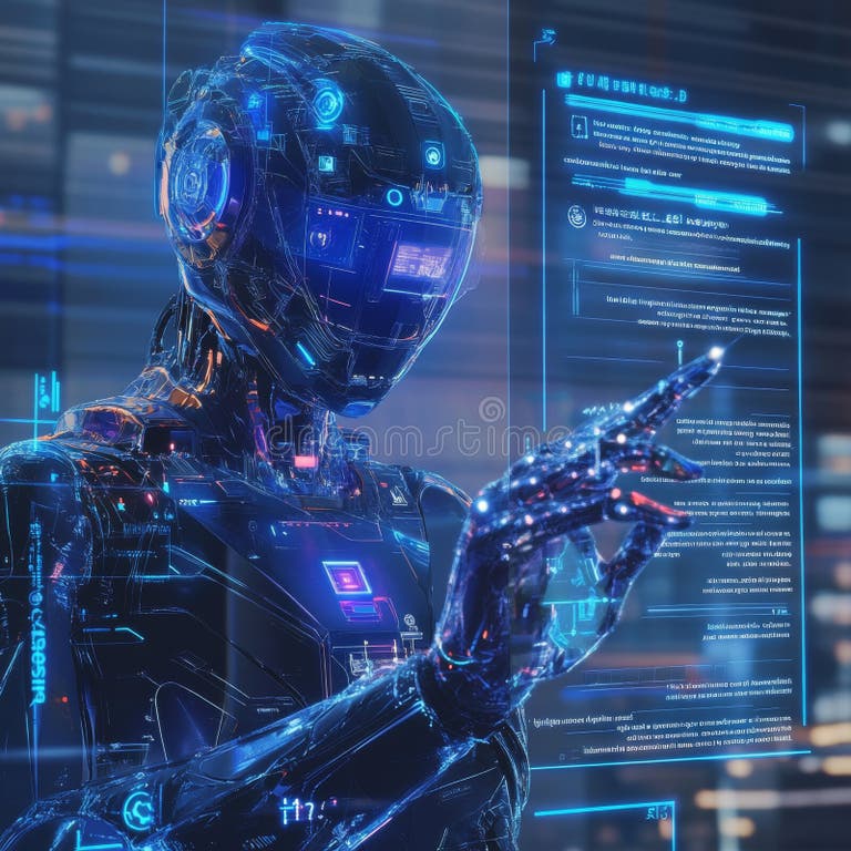 Futuristic Cyborg with Holographic Display in High-tech Environment ...