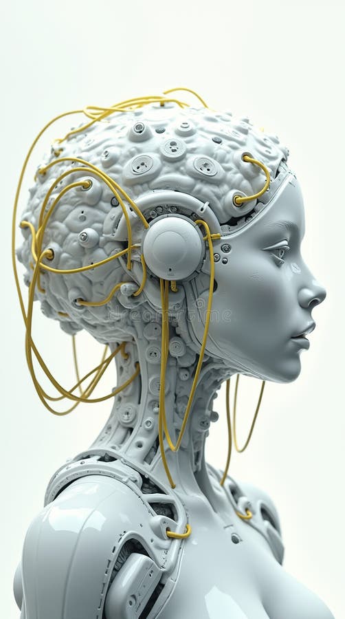Futuristic Cyborg with Intricate Brain Design and Connected Cables ...