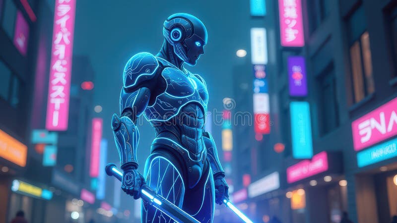Futuristic Cyborg in Neon-lit Cityscape for Sci-fi Themes and Tech ...