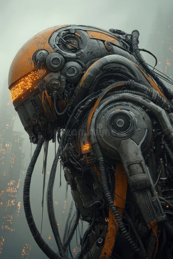 Futuristic Cyborg with Orange Helmet and Mechanical Details in a Sci-fi ...
