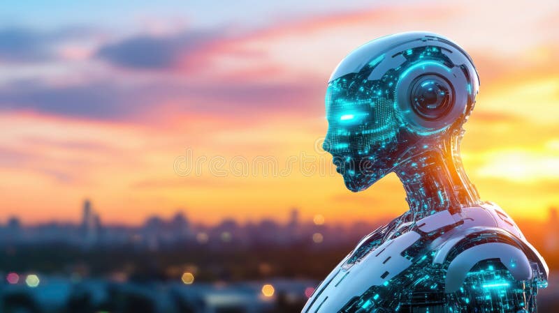 Futuristic Cyborg Overlooking City Skyline at Sunset Stock Photo ...