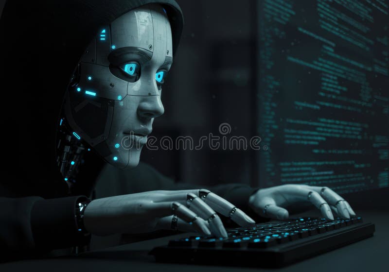Futuristic Cyborg Programming at Night with Neon Blue Led Eyes and ...