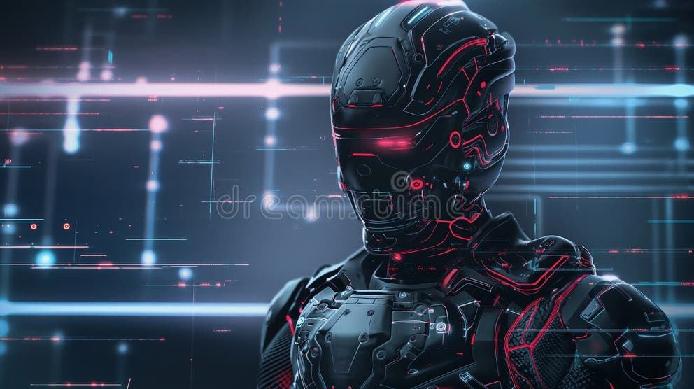Futuristic Cyborg with Red Circuitry in Digital Matrix Image, Ai ...