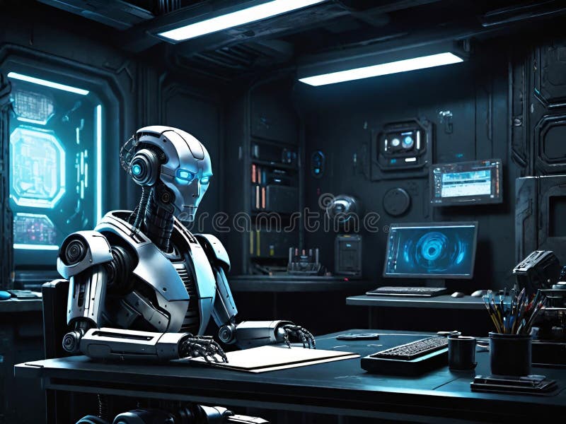 Futuristic Cyborg Robot in Computer Room Stock Illustration ...