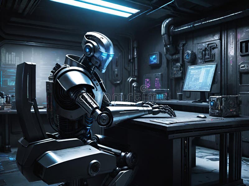 Futuristic Cyborg Robot in Computer Room Stock Illustration ...