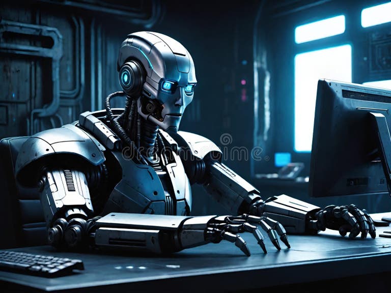 Futuristic Cyborg Robot in Computer Room Stock Illustration ...