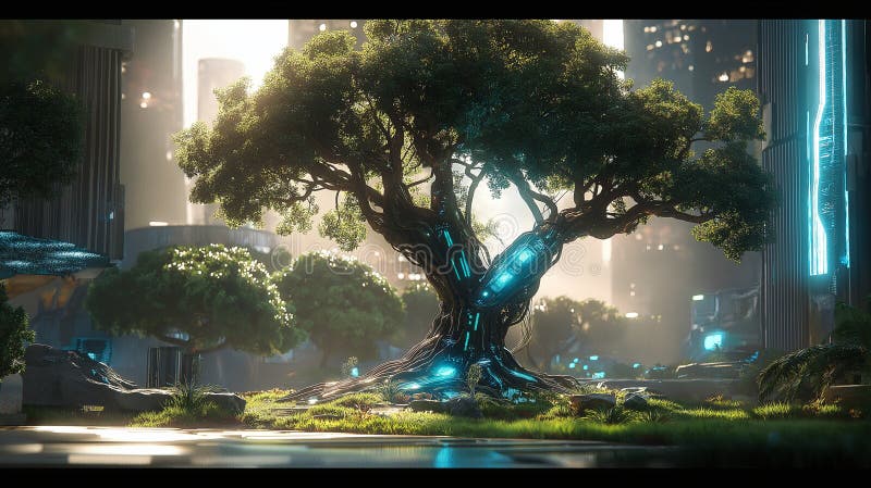 Futuristic Cyborg Tree: a Symphony of Nature and Technology in a Lush ...