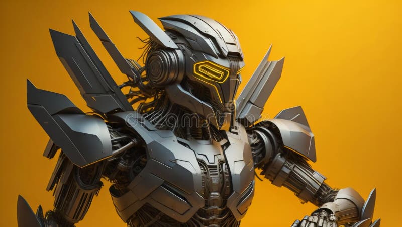 Futuristic Cyborg Warrior with a Sword on a Yellow Background ...