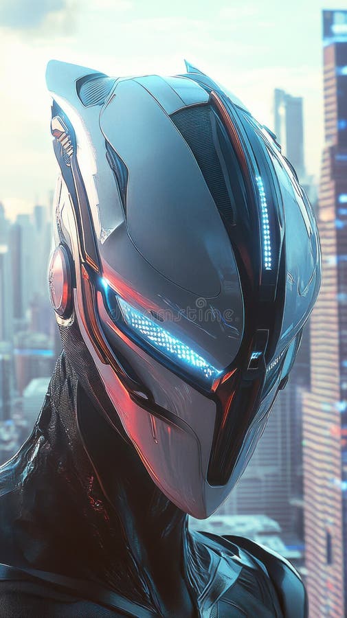Futuristic Cyborg Wearing Helmet with Glowing Lights in Urban Setting ...