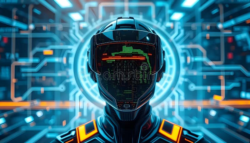 Futuristic Cyborg Wearing a Visor Displaying Digital Information Stock ...