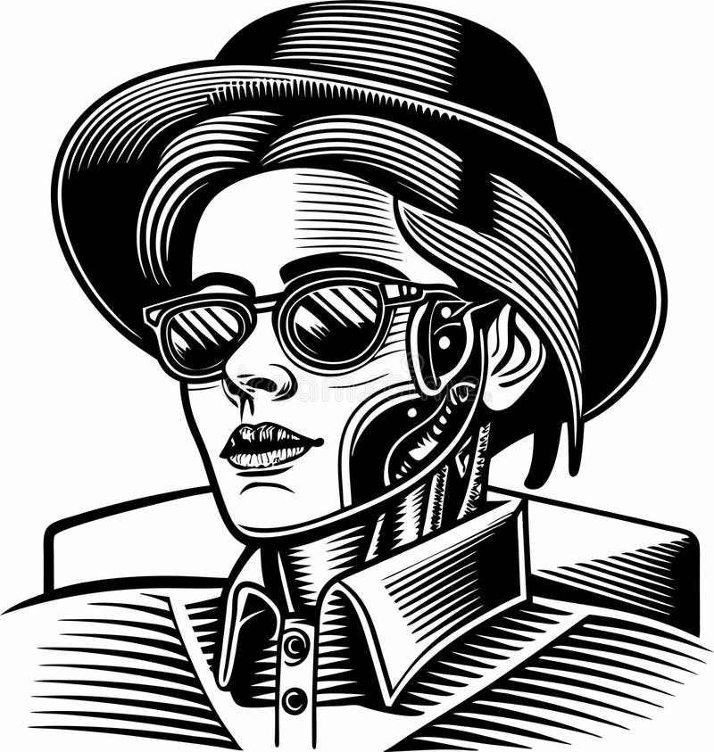 Futuristic Cyborg Woman with Hat. Black and White Sketch Stock Vector ...