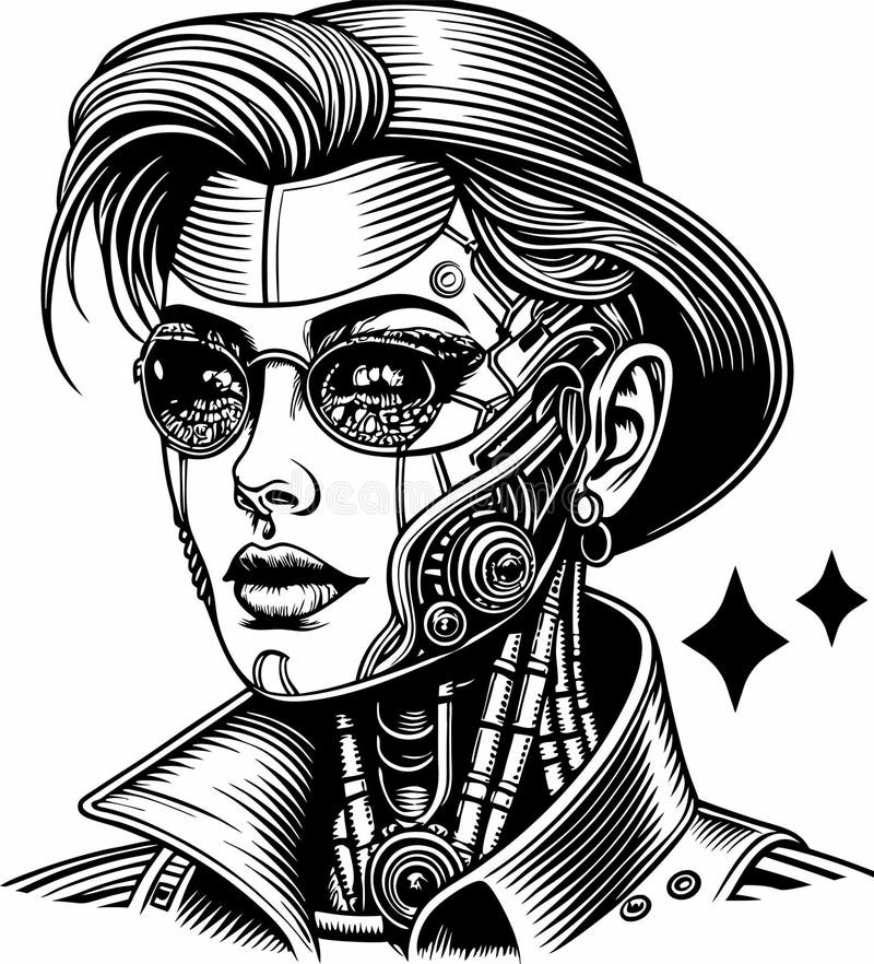 Futuristic Cyborg Woman with Hat. Black and White Sketch Stock Vector ...