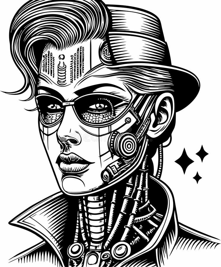 Futuristic Cyborg Woman with Hat. Black and White Sketch Stock Vector ...