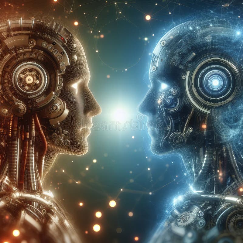 Futuristic Cyborgs Facing Each Other in Digital Space Stock Photo ...