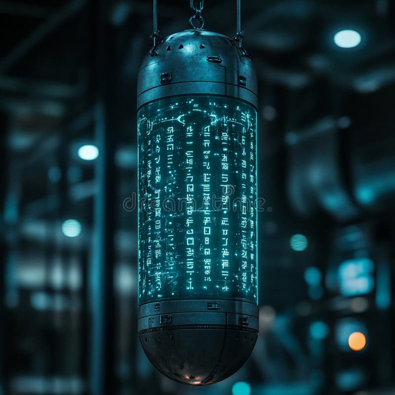 Futuristic Cylinder Device with Glowing Text in a Science Fiction ...