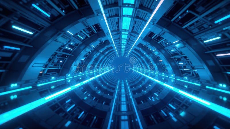 Futuristic Cylindrical Corridor with Bright Neon Blue Lighting, Showing ...