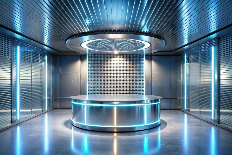 Futuristic Cylindrical Display Platform in a Sleek Metallic Interior ...