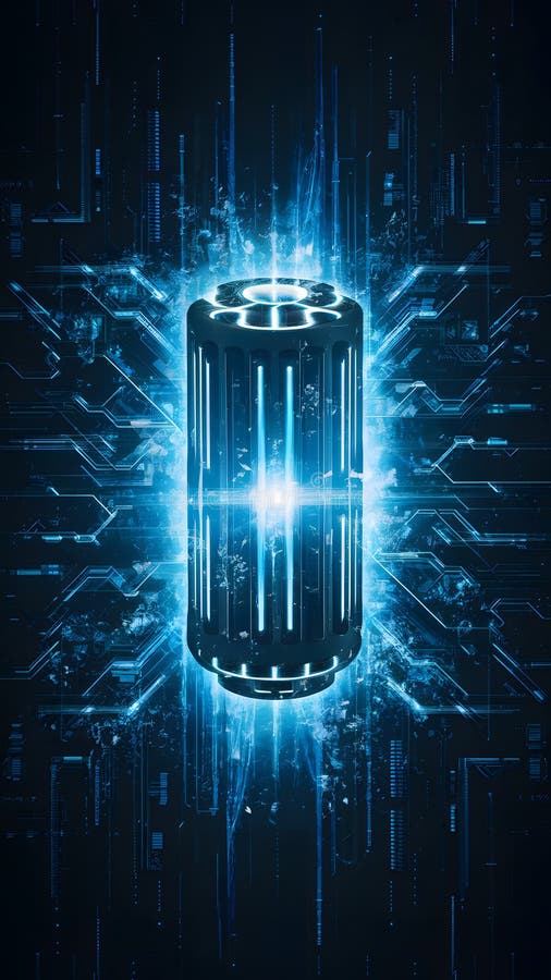 Futuristic Cylindrical Object Emitting Radiant Blue Glow Amidst Digital ...