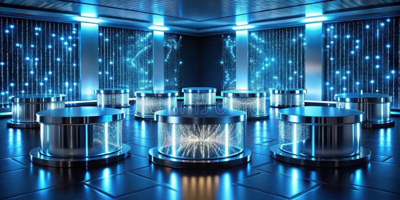 Futuristic Cylindrical Platforms Illuminated by Dynamic Blue Light ...