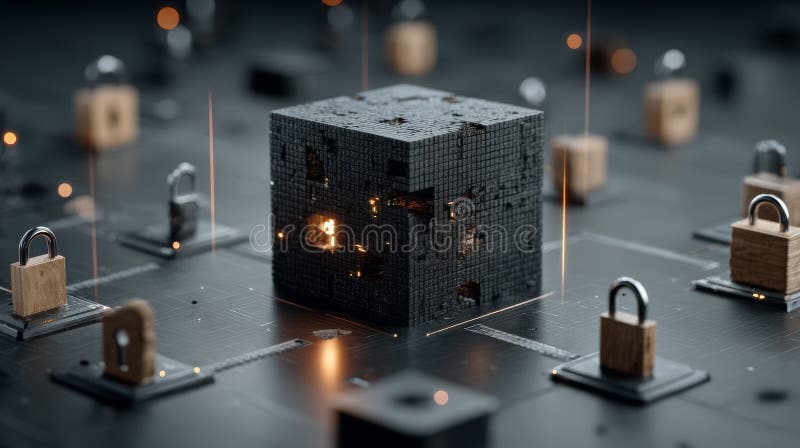 Futuristic 3D AI Cube Surrounded by Firewalls and Security Locks in ...