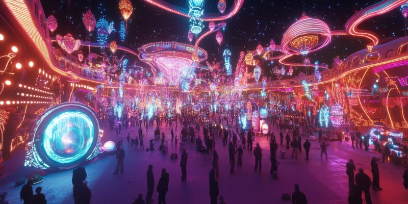 A Futuristic 3D Background of a Bustling Space Bazaar on a Massive ...